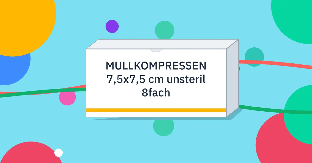 Symbolbild: Packung mit der Aufschrift MULLKOMPRESSEN 7,5x7,5 cm unsteril 8fach (PZN 03391449) – Verfügbarkeit und Bezug in Apotheken in Frankfurt am Main