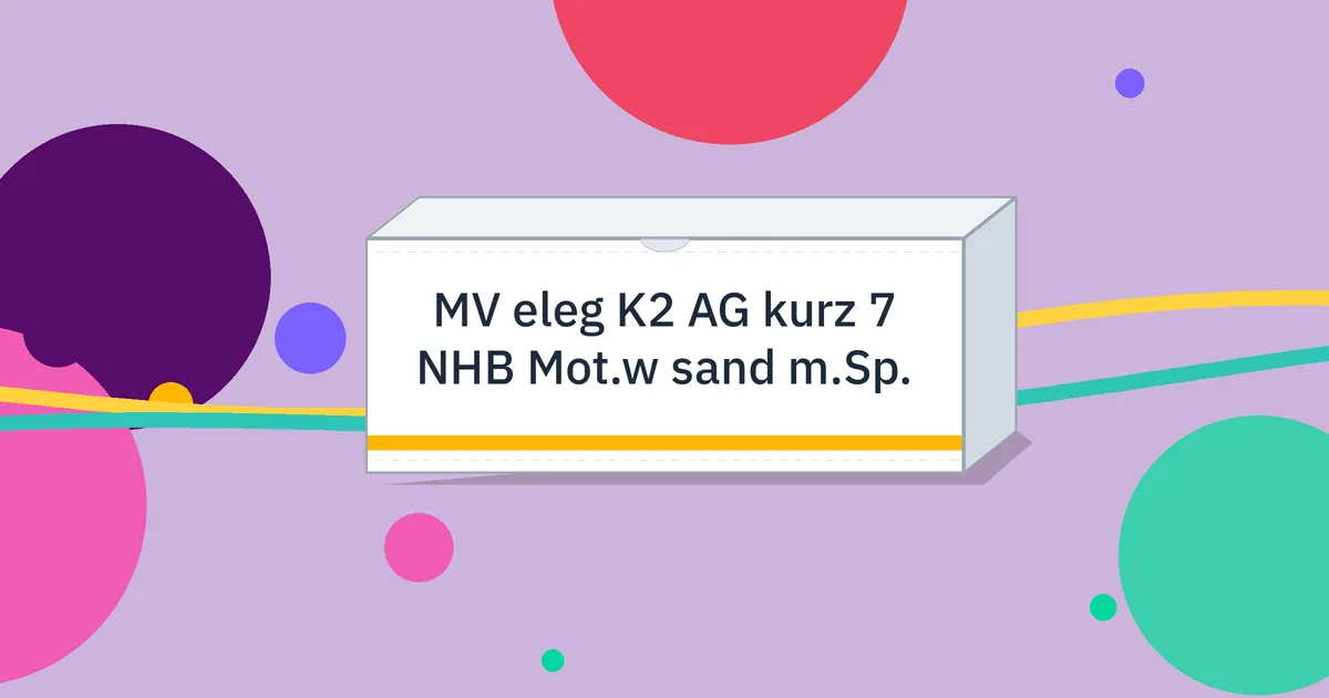 Symbolbild: Packung mit der Aufschrift MV eleg K2 AG kurz 7 NHB Mot.w sand m.Sp. (PZN 18928062) – Verfügbarkeit und Bezug in Apotheken in Frankfurt am Main
