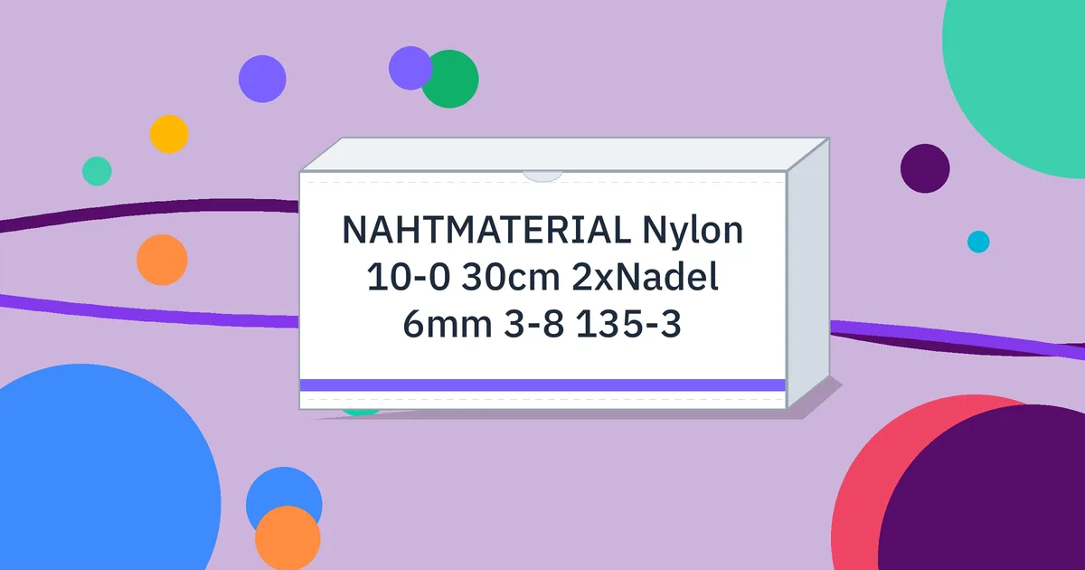 Symbolbild: Packung mit der Aufschrift NAHTMATERIAL Nylon 10-0 30cm 2xNadel 6mm 3-8 135-3 (PZN 17885971) – Verfügbarkeit und Bezug in Apotheken in Frankfurt am Main