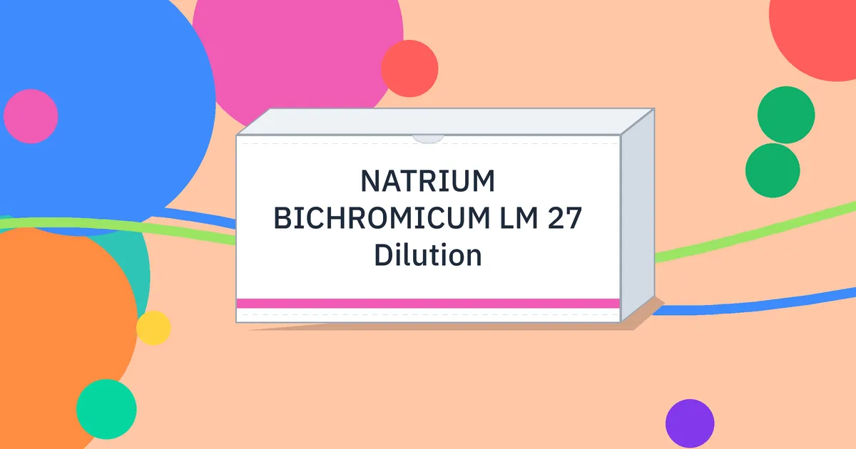 Symbolbild: Packung mit der Aufschrift NATRIUM BICHROMICUM LM 27 Dilution (PZN 12960952) – Verfügbarkeit und Bezug in Apotheken in Frankfurt am Main