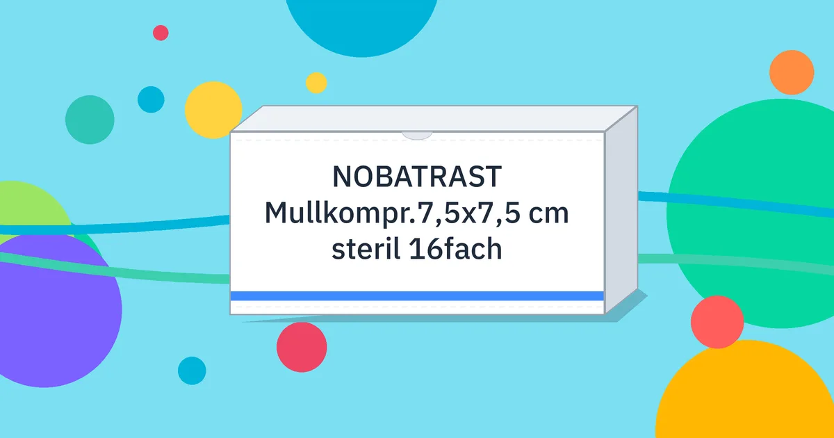Symbolbild: Packung mit der Aufschrift NOBATRAST Mullkompr.7,5x7,5 cm steril 16fach (PZN 08848988) – Verfügbarkeit und Bezug in Apotheken in Frankfurt am Main