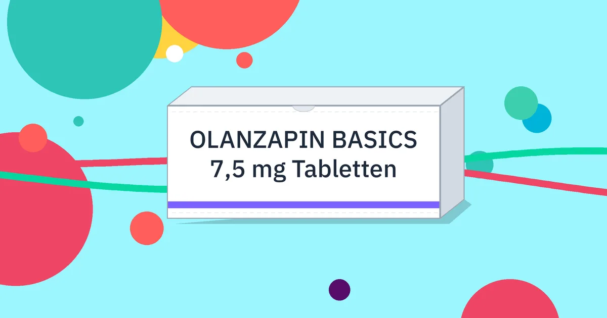 Symbolbild: Packung mit der Aufschrift OLANZAPIN BASICS 7,5 mg Tabletten (PZN 09060104) – Verfügbarkeit und Bezug in Apotheken in Frankfurt am Main