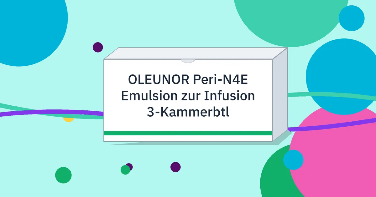 Symbolbild: Packung mit der Aufschrift OLEUNOR Peri-N4E Emulsion zur Infusion 3-Kammerbtl (PZN 17908809) – Verfügbarkeit und Bezug in Apotheken in Frankfurt am Main