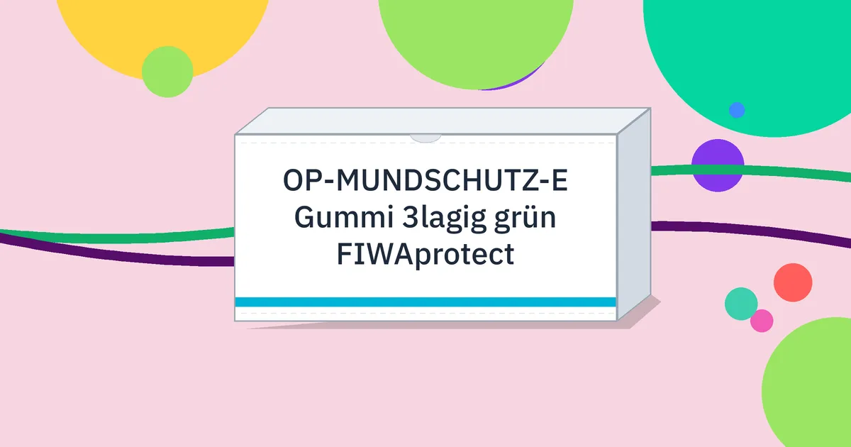 Symbolbild: Packung mit der Aufschrift OP-MUNDSCHUTZ-E Gummi 3lagig grün FIWAprotect (PZN 11859725) – Verfügbarkeit und Bezug in Apotheken in Frankfurt am Main