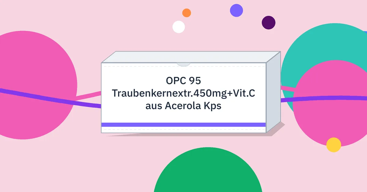 Symbolbild: Packung mit der Aufschrift OPC 95 Traubenkernextr.450mg+Vit.C aus Acerola Kps (PZN 16686407) – Verfügbarkeit und Bezug in Apotheken in Frankfurt am Main