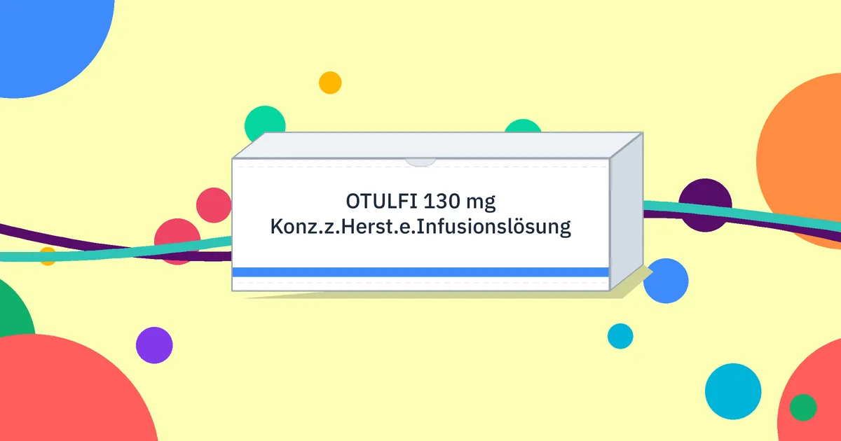 Symbolbild: Packung mit der Aufschrift OTULFI 130 mg Konz.z.Herst.e.Infusionslösung (PZN 19541253) – Verfügbarkeit und Bezug in Apotheken in Frankfurt am Main