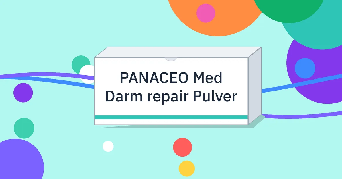 Symbolbild: Packung mit der Aufschrift PANACEO Med Darm repair Pulver (PZN 16886282) – Verfügbarkeit und Bezug in Apotheken in Frankfurt am Main