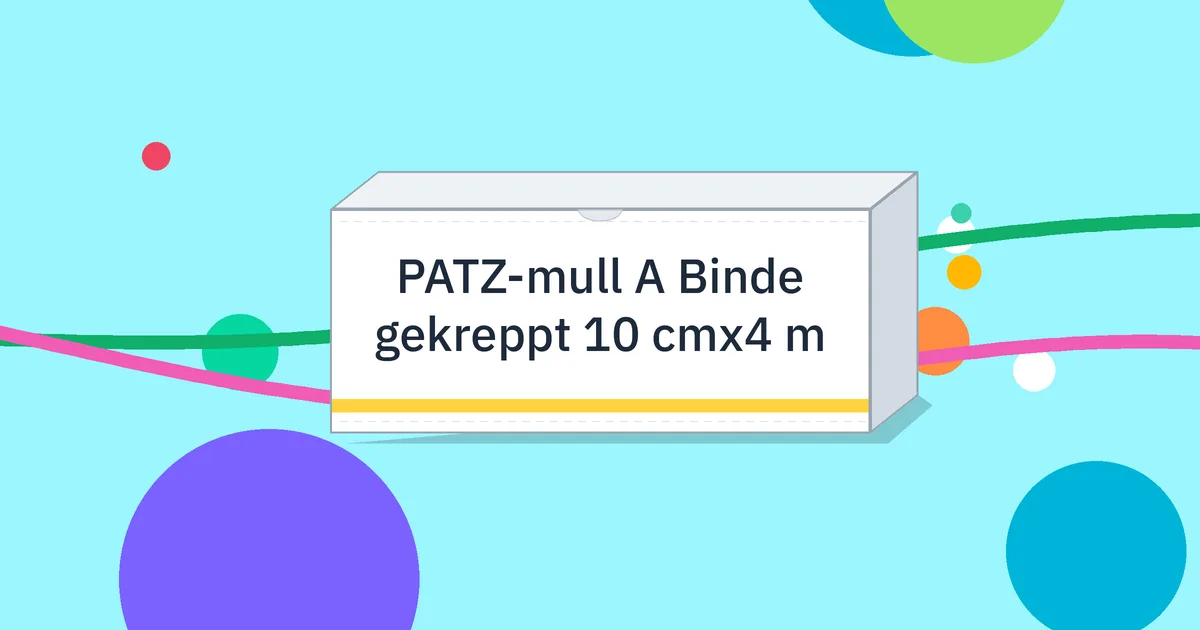 Symbolbild: Packung mit der Aufschrift PATZ-mull A Binde gekreppt 10 cmx4 m (PZN 06815051) – Verfügbarkeit und Bezug in Apotheken in Frankfurt am Main