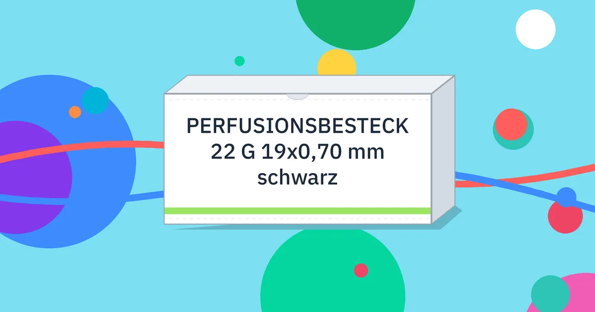 Symbolbild: Packung mit der Aufschrift PERFUSIONSBESTECK 22 G 19x0,70 mm schwarz (PZN 13846514) – Verfügbarkeit und Bezug in Apotheken in Frankfurt am Main