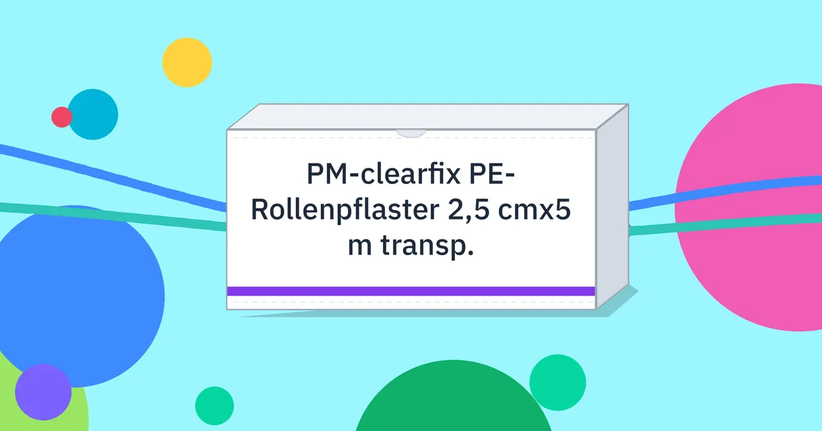 Symbolbild: Packung mit der Aufschrift PM-clearfix PE-Rollenpflaster 2,5 cmx5 m transp. (PZN 18845330) – Verfügbarkeit und Bezug in Apotheken in Frankfurt am Main