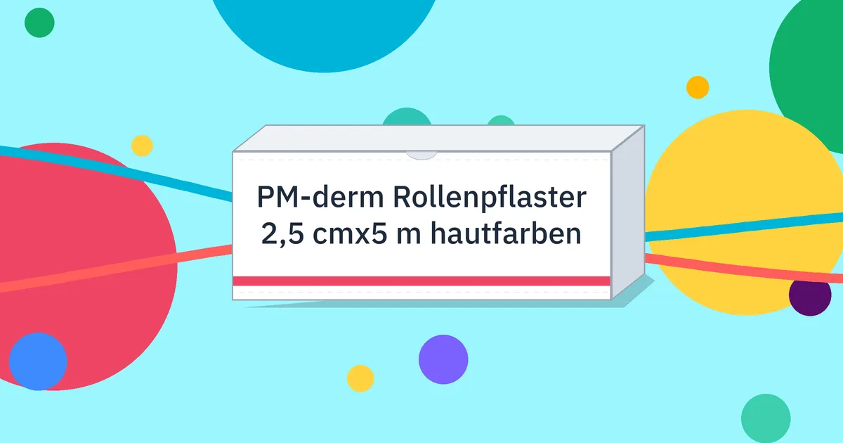 Symbolbild: Packung mit der Aufschrift PM-derm Rollenpflaster 2,5 cmx5 m hautfarben (PZN 18845442) – Verfügbarkeit und Bezug in Apotheken in Frankfurt am Main