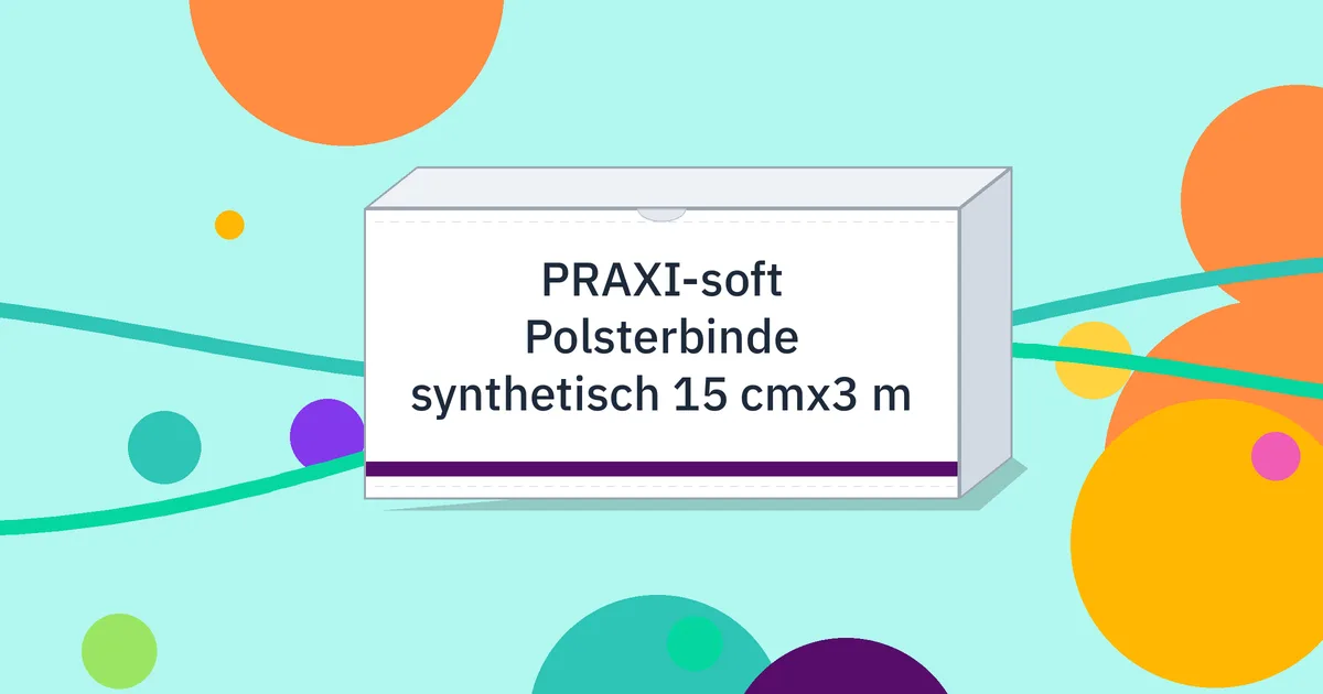 Symbolbild: Packung mit der Aufschrift PRAXI-soft Polsterbinde synthetisch 15 cmx3 m (PZN 20777699) – Verfügbarkeit und Bezug in Apotheken in Frankfurt am Main
