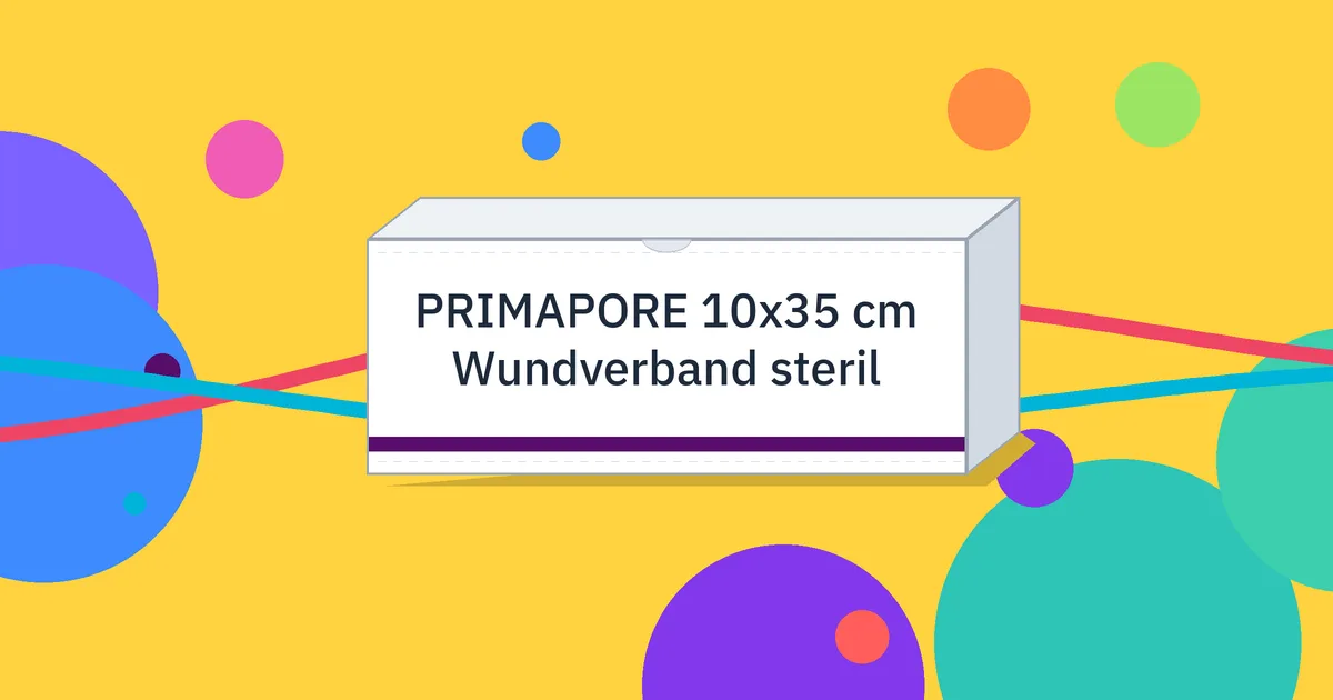 Symbolbild: Packung mit der Aufschrift PRIMAPORE 10x35 cm Wundverband steril (PZN 04350688) – Verfügbarkeit und Bezug in Apotheken in Frankfurt am Main