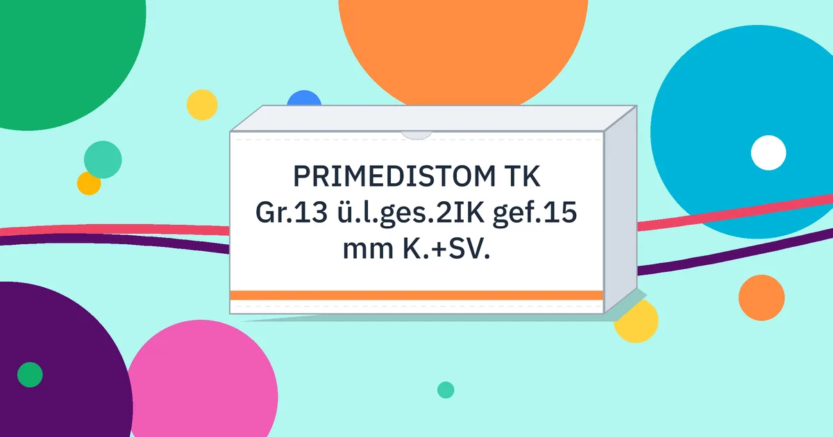 Symbolbild: Packung mit der Aufschrift PRIMEDISTOM TK Gr.13 ü.l.ges.2IK gef.15 mm K.+SV. (PZN 10928766) – Verfügbarkeit und Bezug in Apotheken in Frankfurt am Main