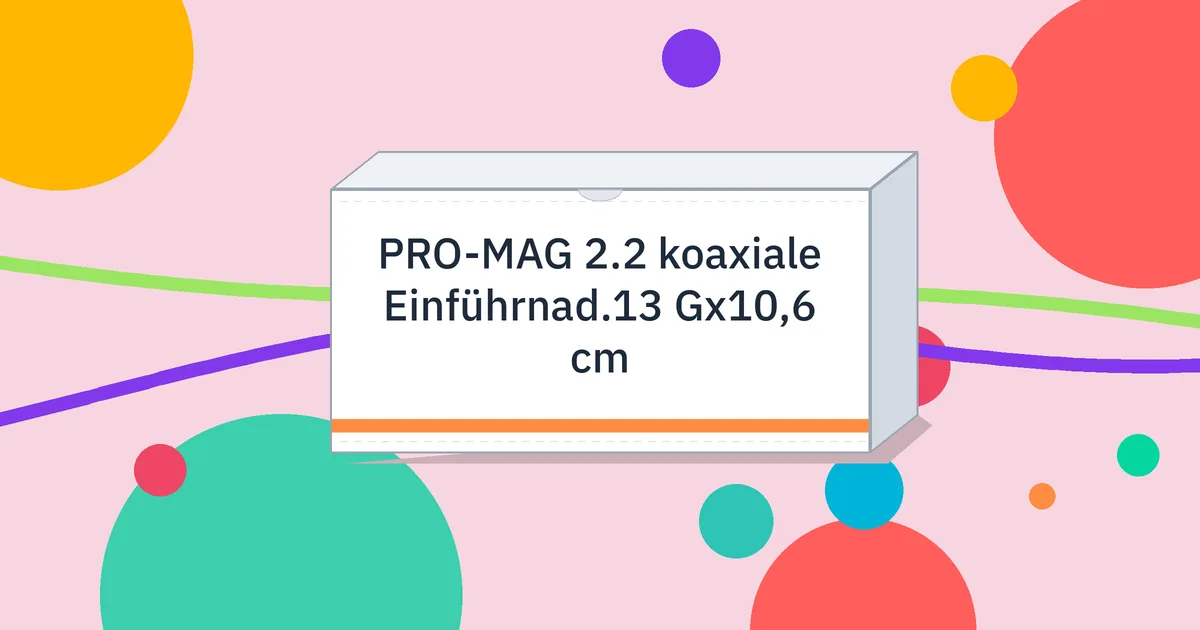 Symbolbild: Packung mit der Aufschrift PRO-MAG 2.2 koaxiale Einführnad.13 Gx10,6 cm (PZN 06768274) – Verfügbarkeit und Bezug in Apotheken in Frankfurt am Main