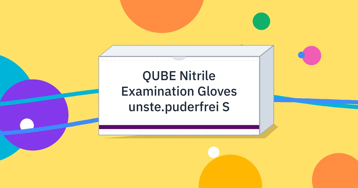 Symbolbild: Packung mit der Aufschrift QUBE Nitrile Examination Gloves unste.puderfrei S (PZN 18772453) – Verfügbarkeit und Bezug in Apotheken in Frankfurt am Main