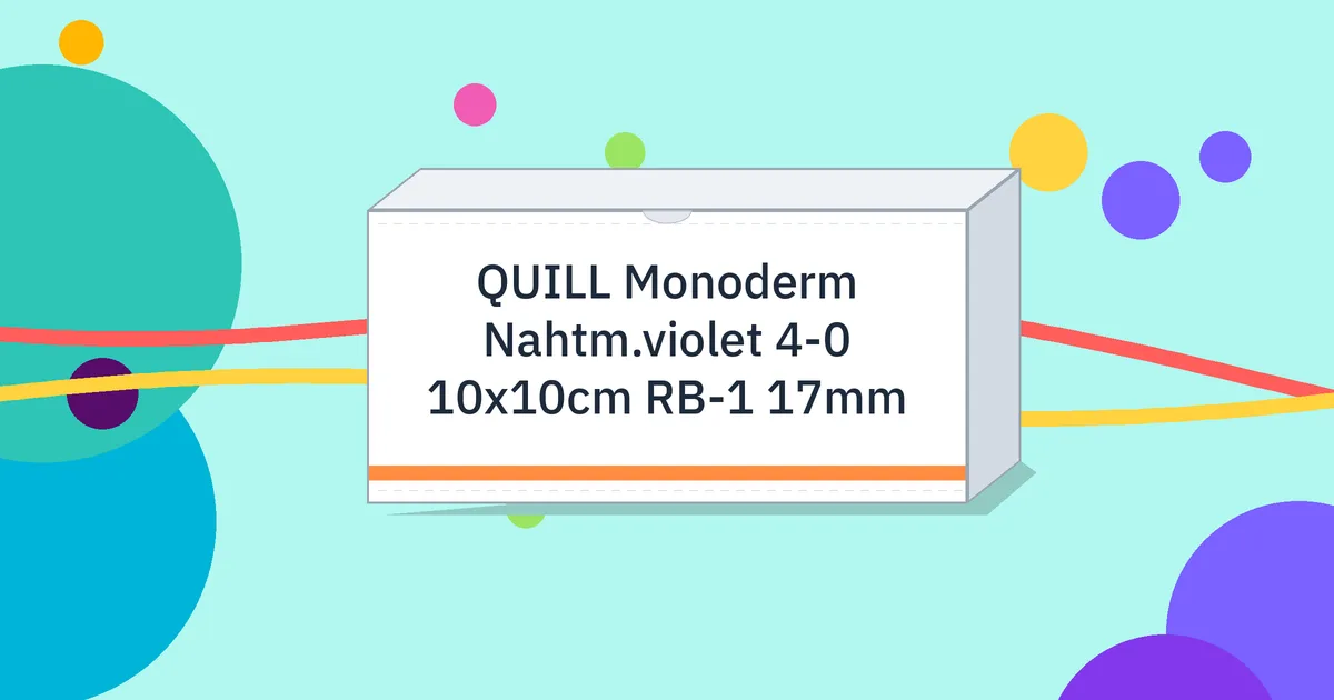 Symbolbild: Packung mit der Aufschrift QUILL Monoderm Nahtm.violet 4-0 10x10cm RB-1 17mm (PZN 17988493) – Verfügbarkeit und Bezug in Apotheken in Frankfurt am Main
