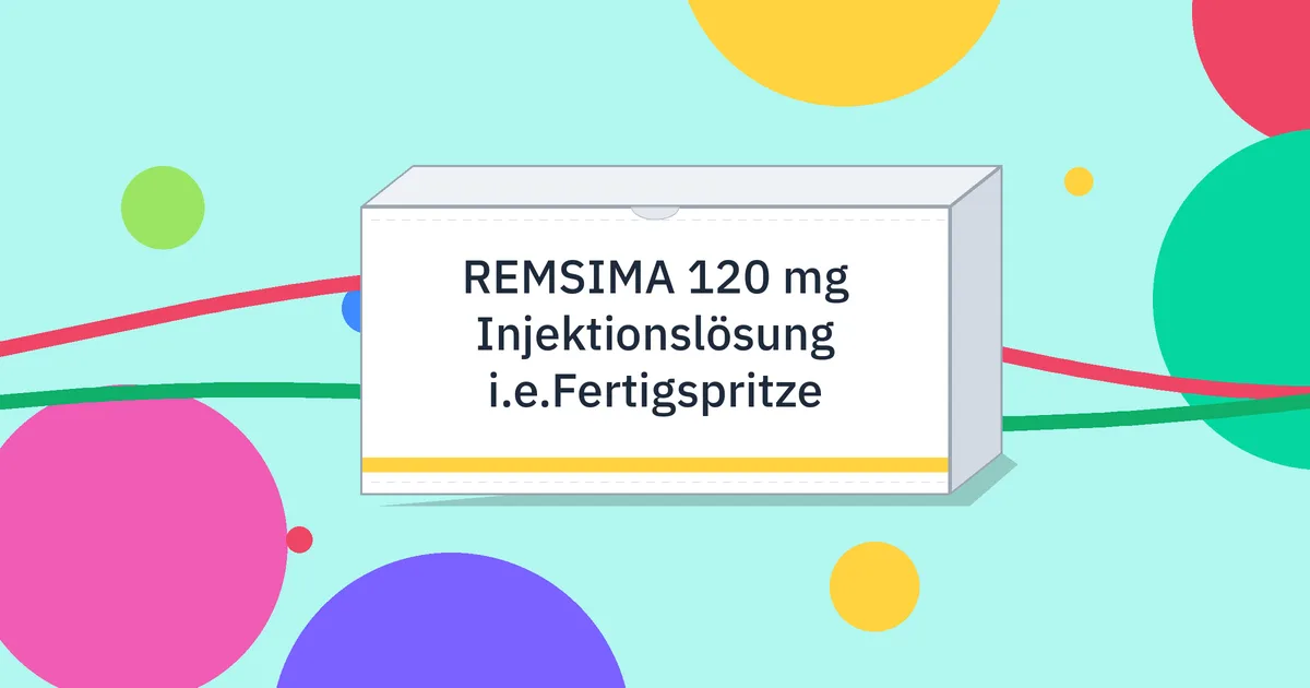Symbolbild: Packung mit der Aufschrift REMSIMA 120 mg Injektionslösung i.e.Fertigspritze (PZN 17891279) – Verfügbarkeit und Bezug in Apotheken in Frankfurt am Main