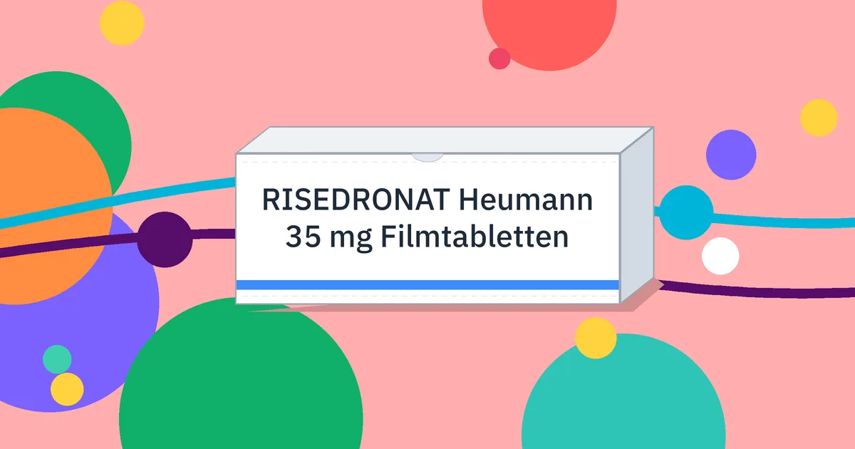 Symbolbild: Packung mit der Aufschrift RISEDRONAT Heumann 35 mg Filmtabletten (PZN 20123029) – Verfügbarkeit und Bezug in Apotheken in Frankfurt am Main