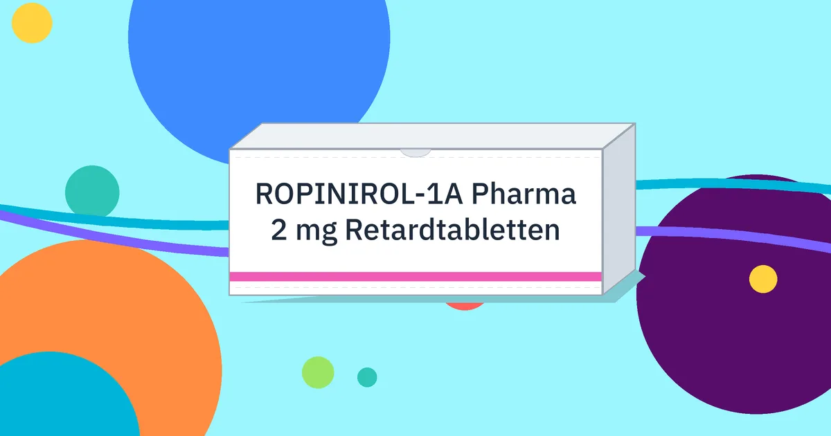 Symbolbild: Packung mit der Aufschrift ROPINIROL-1A Pharma 2 mg Retardtabletten (PZN 20274998) – Verfügbarkeit und Bezug in Apotheken in Frankfurt am Main