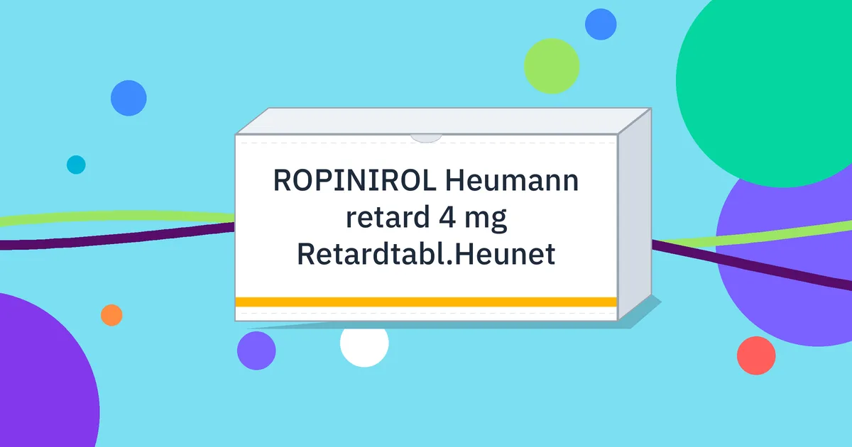 Symbolbild: Packung mit der Aufschrift ROPINIROL Heumann retard 4 mg Retardtabl.Heunet (PZN 16198501) – Verfügbarkeit und Bezug in Apotheken in Frankfurt am Main