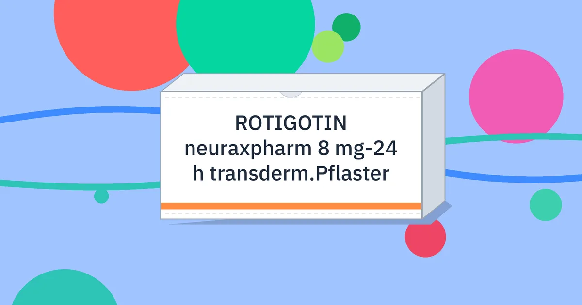 Symbolbild: Packung mit der Aufschrift ROTIGOTIN neuraxpharm 8 mg-24 h transderm.Pflaster (PZN 18369935) – Verfügbarkeit und Bezug in Apotheken in Frankfurt am Main