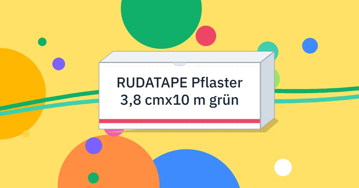 Symbolbild: Packung mit der Aufschrift RUDATAPE Pflaster 3,8 cmx10 m grün (PZN 15893179) – Verfügbarkeit und Bezug in Apotheken in Frankfurt am Main