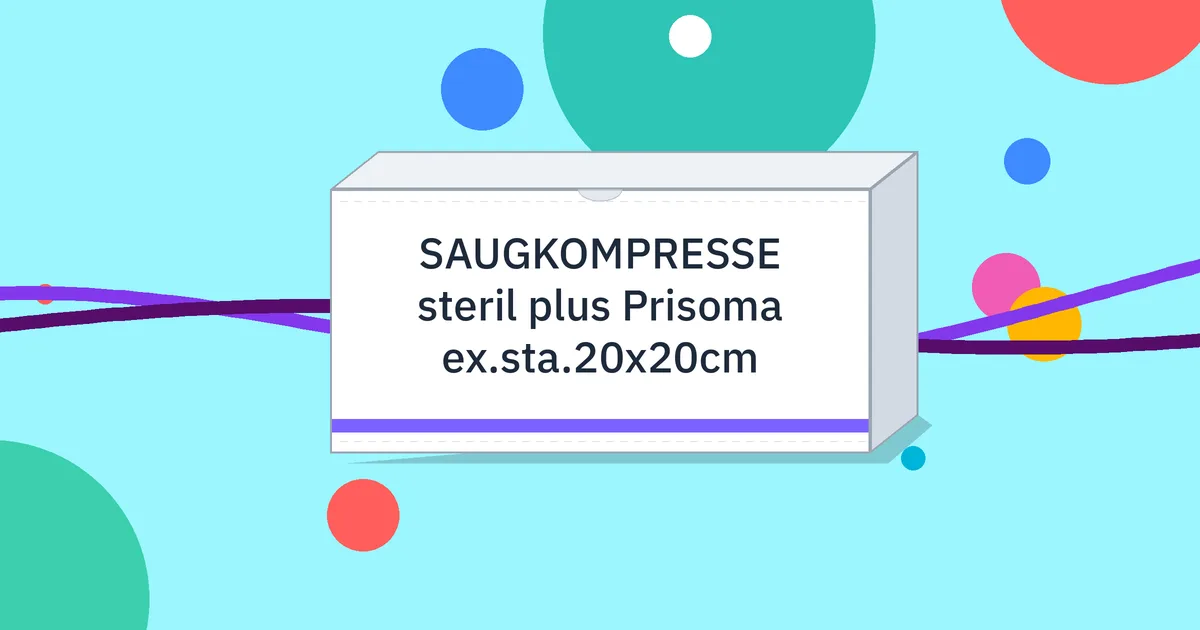 Symbolbild: Packung mit der Aufschrift SAUGKOMPRESSE steril plus Prisoma ex.sta.20x20cm (PZN 20611220) – Verfügbarkeit und Bezug in Apotheken in Frankfurt am Main
