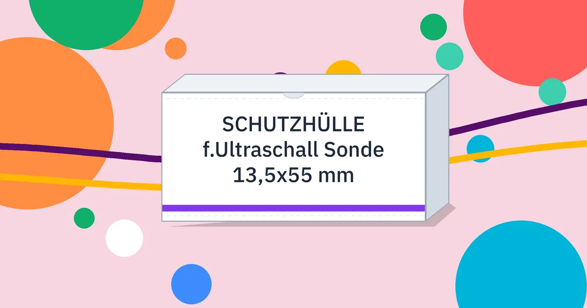 Symbolbild: Packung mit der Aufschrift SCHUTZHÜLLE f.Ultraschall Sonde 13,5x55 mm (PZN 15740300) – Verfügbarkeit und Bezug in Apotheken in Frankfurt am Main