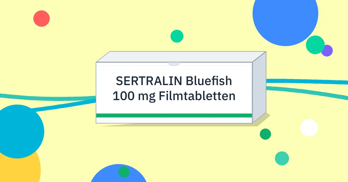 Symbolbild: Packung mit der Aufschrift SERTRALIN Bluefish 100 mg Filmtabletten (PZN 03628667) – Verfügbarkeit und Bezug in Apotheken in Frankfurt am Main