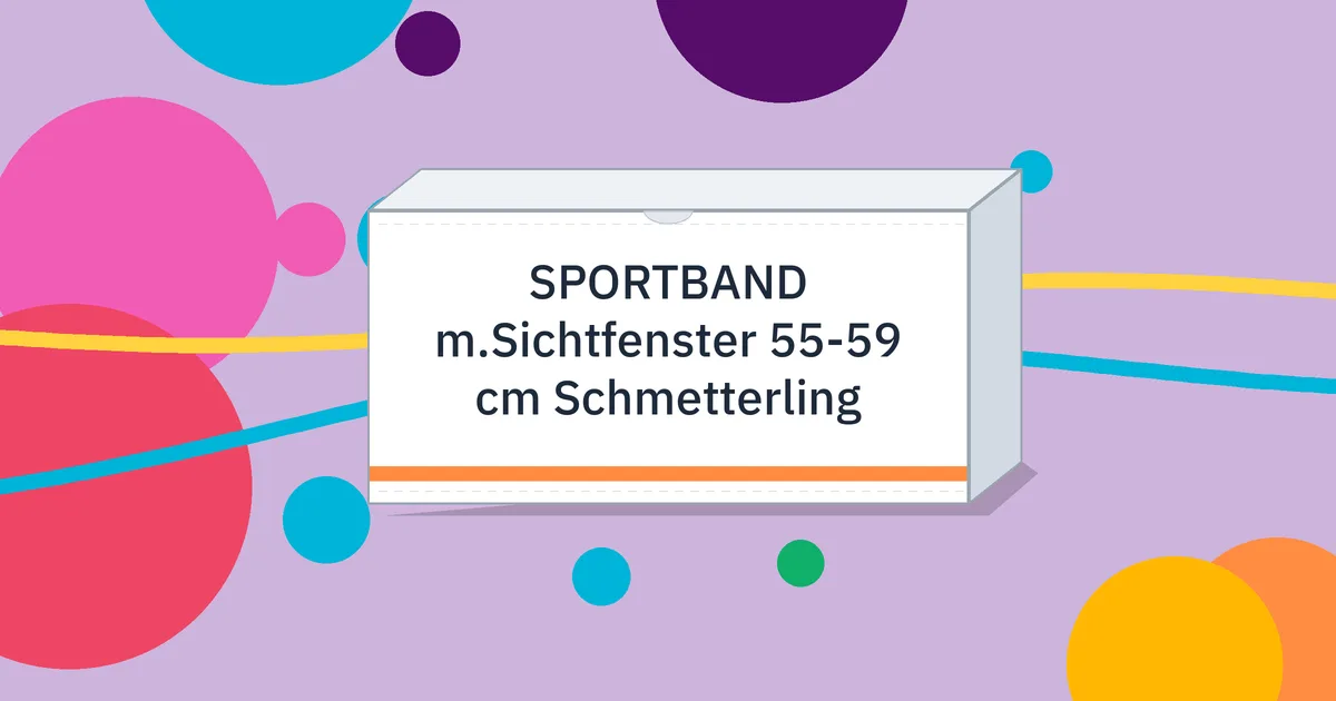 Symbolbild: Packung mit der Aufschrift SPORTBAND m.Sichtfenster 55-59 cm Schmetterling (PZN 13916456) – Verfügbarkeit und Bezug in Apotheken in Frankfurt am Main