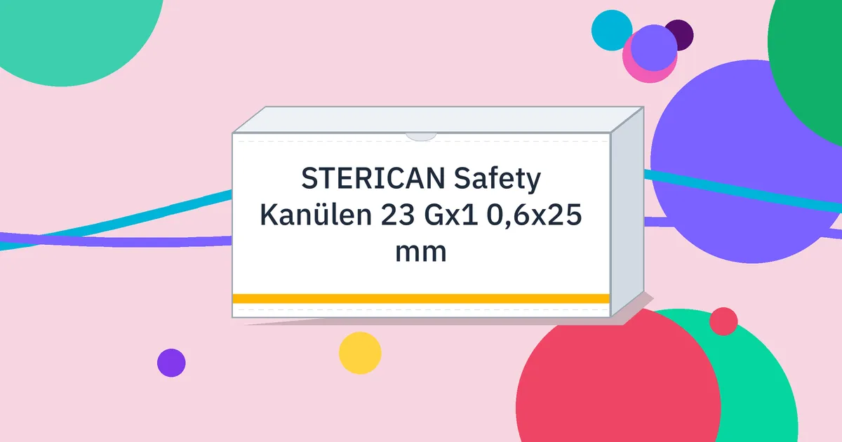 Symbolbild: Packung mit der Aufschrift STERICAN Safety Kanülen 23 Gx1 0,6x25 mm (PZN 18472515) – Verfügbarkeit und Bezug in Apotheken in Frankfurt am Main