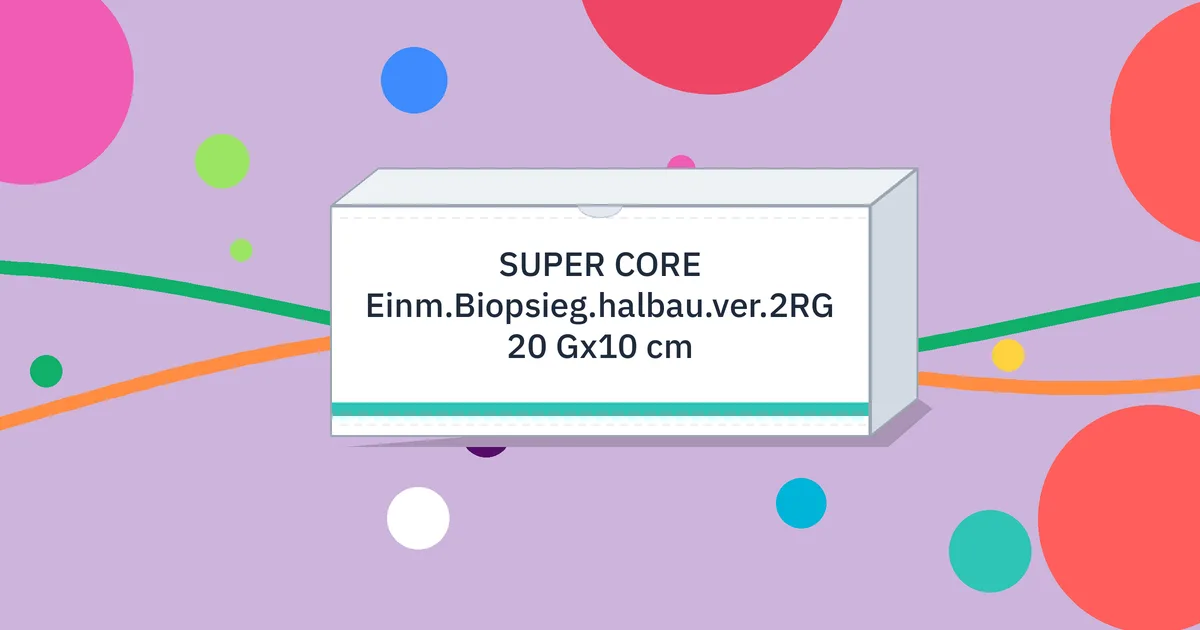 Symbolbild: Packung mit der Aufschrift SUPER CORE Einm.Biopsieg.halbau.ver.2RG 20 Gx10 cm (PZN 07101508) – Verfügbarkeit und Bezug in Apotheken in Frankfurt am Main
