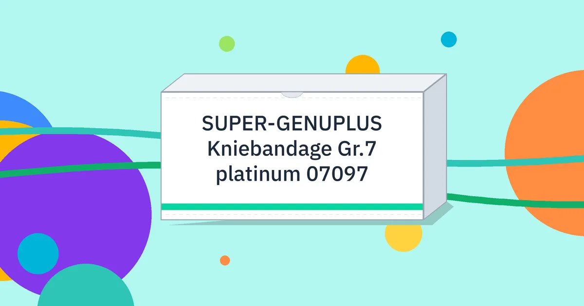 Symbolbild: Packung mit der Aufschrift SUPER-GENUPLUS Kniebandage Gr.7 platinum 07097 (PZN 10200680) – Verfügbarkeit und Bezug in Apotheken in Frankfurt am Main