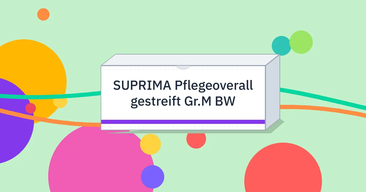 Symbolbild: Packung mit der Aufschrift SUPRIMA Pflegeoverall gestreift Gr.M BW (PZN 15421374) – Verfügbarkeit und Bezug in Apotheken in Frankfurt am Main