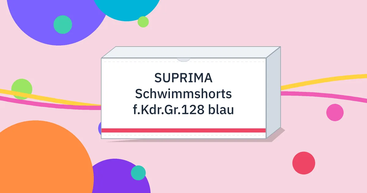 Symbolbild: Packung mit der Aufschrift SUPRIMA Schwimmshorts f.Kdr.Gr.128 blau (PZN 02395712) – Verfügbarkeit und Bezug in Apotheken in Frankfurt am Main