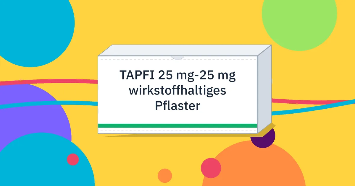Symbolbild: Packung mit der Aufschrift TAPFI 25 mg-25 mg wirkstoffhaltiges Pflaster (PZN 16739747) – Verfügbarkeit und Bezug in Apotheken in Frankfurt am Main