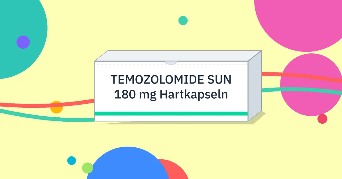 Symbolbild: Packung mit der Aufschrift TEMOZOLOMIDE SUN 180 mg Hartkapseln (PZN 09282023) – Verfügbarkeit und Bezug in Apotheken in Frankfurt am Main