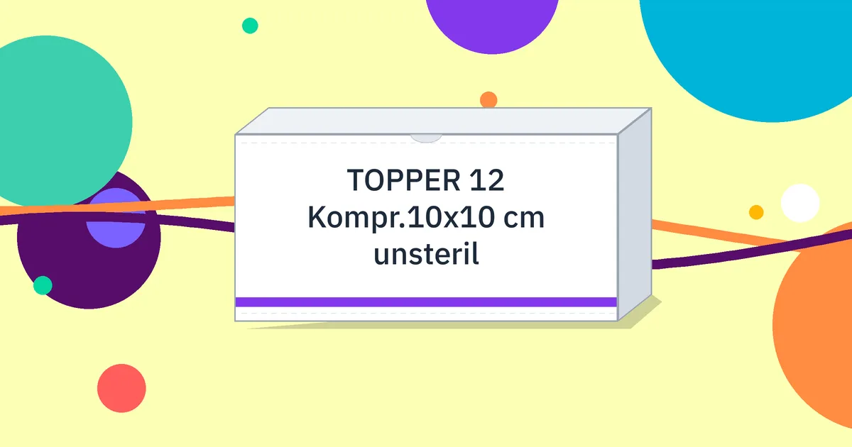 Symbolbild: Packung mit der Aufschrift TOPPER 12 Kompr.10x10 cm unsteril (PZN 03307242) – Verfügbarkeit und Bezug in Apotheken in Frankfurt am Main