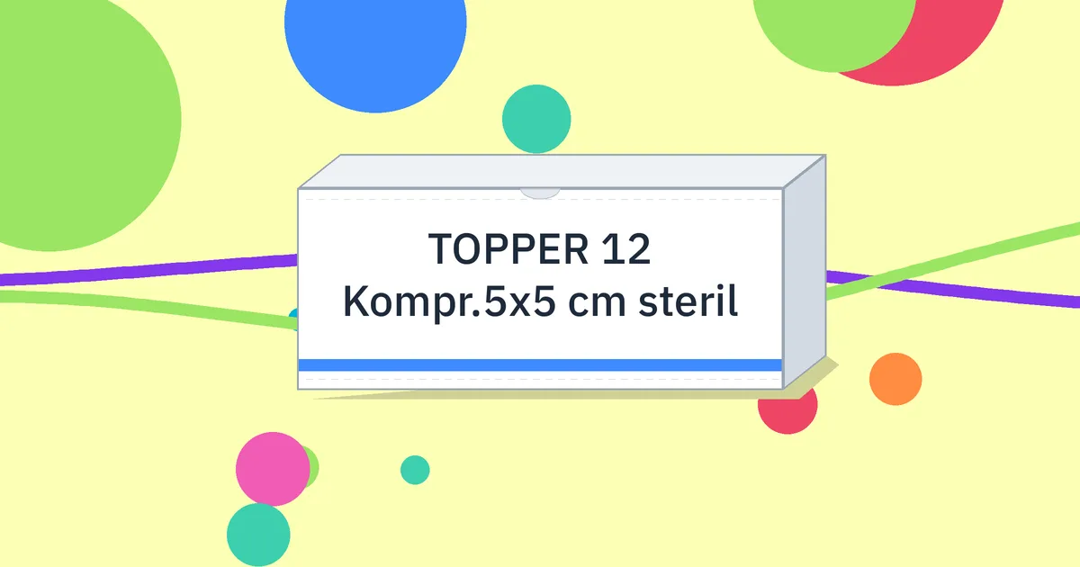 Symbolbild: Packung mit der Aufschrift TOPPER 12 Kompr.5x5 cm steril (PZN 09644377) – Verfügbarkeit und Bezug in Apotheken in Frankfurt am Main