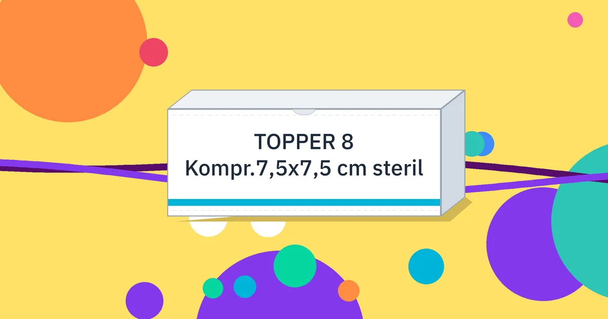 Symbolbild: Packung mit der Aufschrift TOPPER 8 Kompr.7,5x7,5 cm steril (PZN 03420352) – Verfügbarkeit und Bezug in Apotheken in Frankfurt am Main