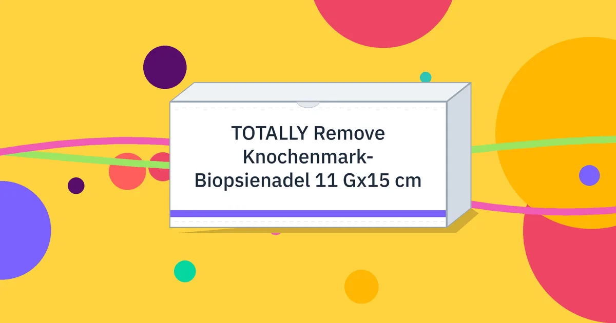 Symbolbild: Packung mit der Aufschrift TOTALLY Remove Knochenmark-Biopsienadel 11 Gx15 cm (PZN 18812098) – Verfügbarkeit und Bezug in Apotheken in Frankfurt am Main