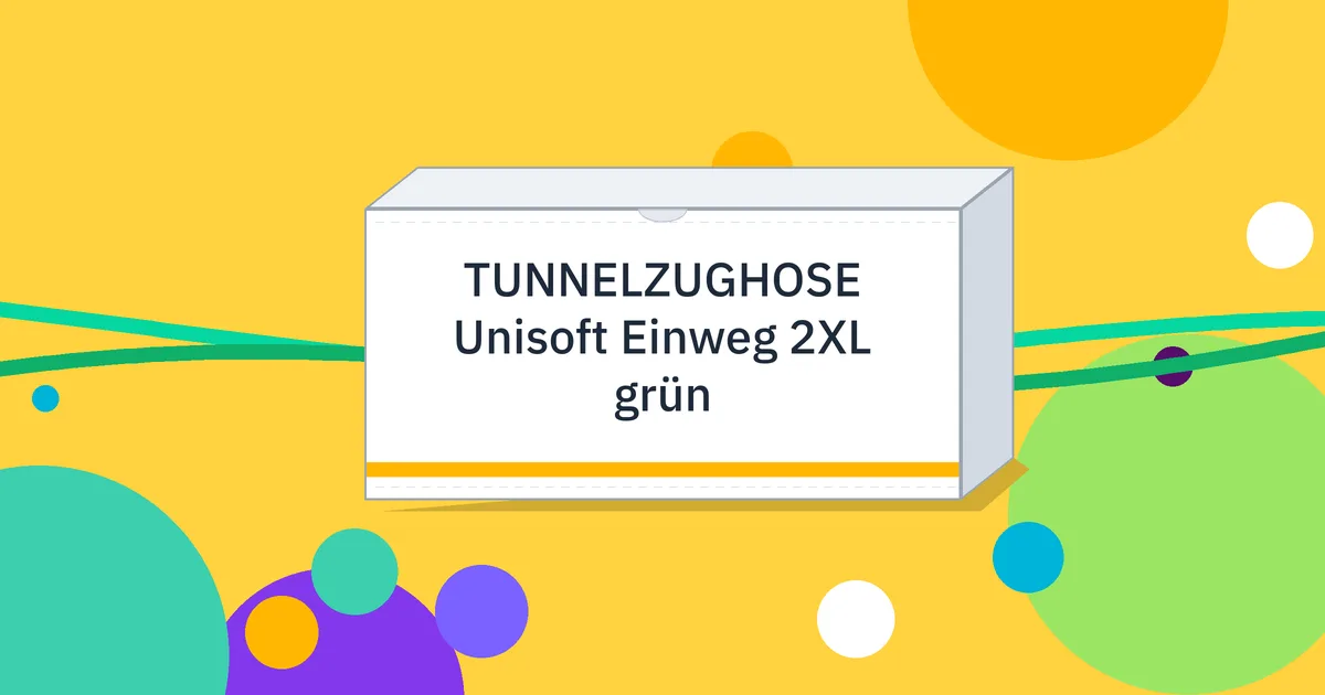 Symbolbild: Packung mit der Aufschrift TUNNELZUGHOSE Unisoft Einweg 2XL grün (PZN 10847430) – Verfügbarkeit und Bezug in Apotheken in Frankfurt am Main