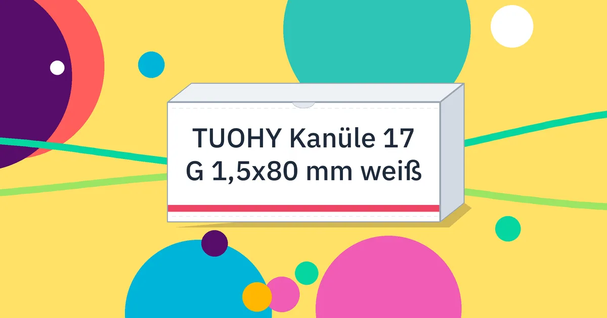 Symbolbild: Packung mit der Aufschrift TUOHY Kanüle 17 G 1,5x80 mm weiß (PZN 00874420) – Verfügbarkeit und Bezug in Apotheken in Frankfurt am Main