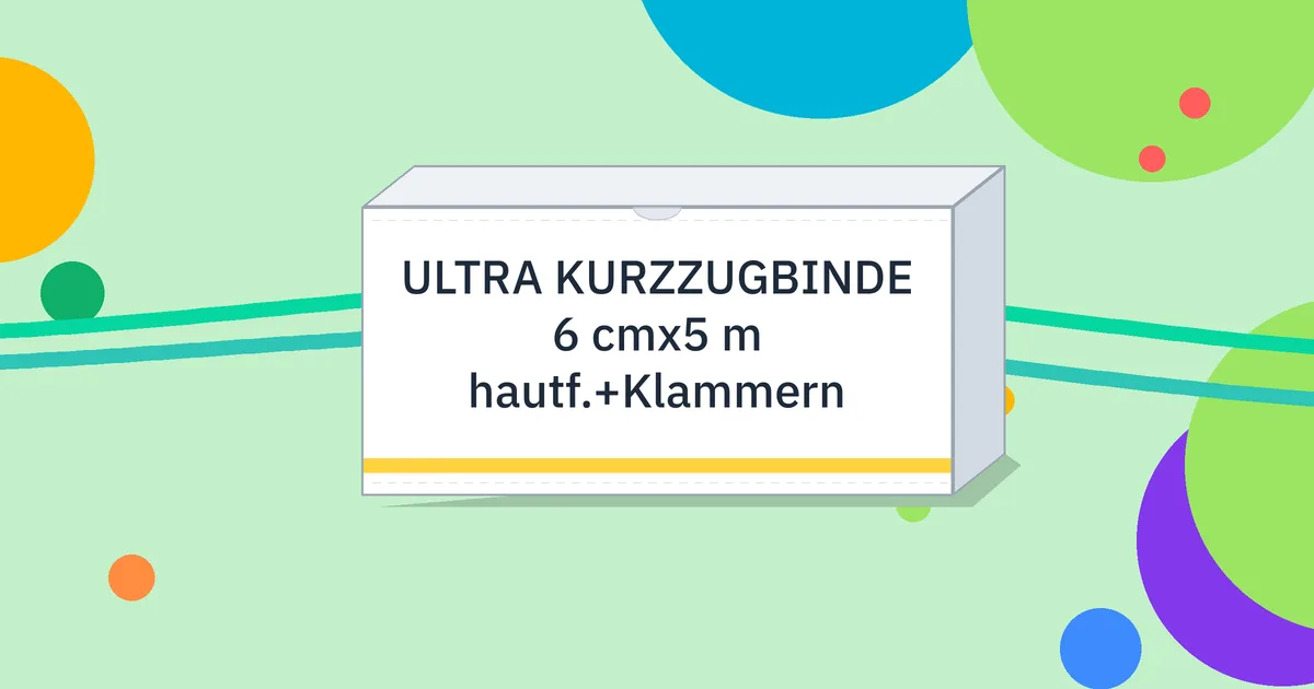 Symbolbild: Packung mit der Aufschrift ULTRA KURZZUGBINDE 6 cmx5 m hautf.+Klammern (PZN 04793227) – Verfügbarkeit und Bezug in Apotheken in Frankfurt am Main