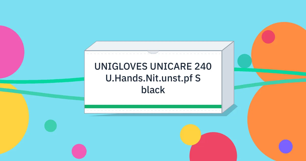Symbolbild: Packung mit der Aufschrift UNIGLOVES UNICARE 240 U.Hands.Nit.unst.pf S black (PZN 19894773) – Verfügbarkeit und Bezug in Apotheken in Frankfurt am Main