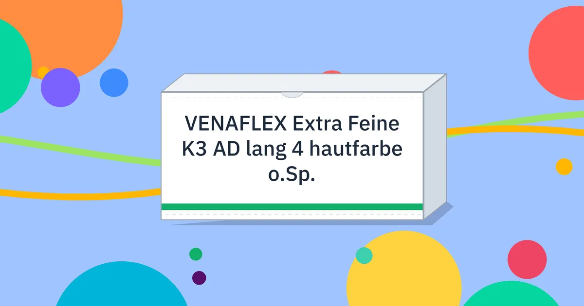 Symbolbild: Packung mit der Aufschrift VENAFLEX Extra Feine K3 AD lang 4 hautfarbe o.Sp. (PZN 18308218) – Verfügbarkeit und Bezug in Apotheken in Frankfurt am Main