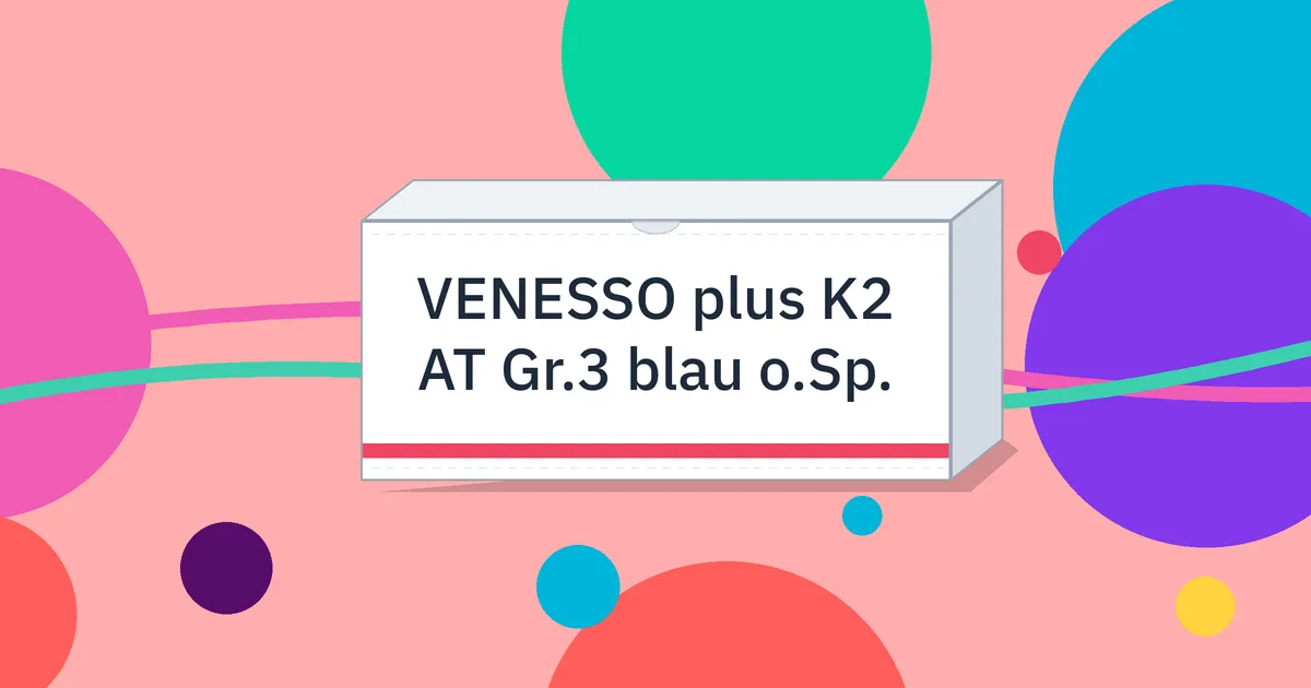 Symbolbild: Packung mit der Aufschrift VENESSO plus K2 AT Gr.3 blau o.Sp. (PZN 03288958) – Verfügbarkeit und Bezug in Apotheken in Frankfurt am Main