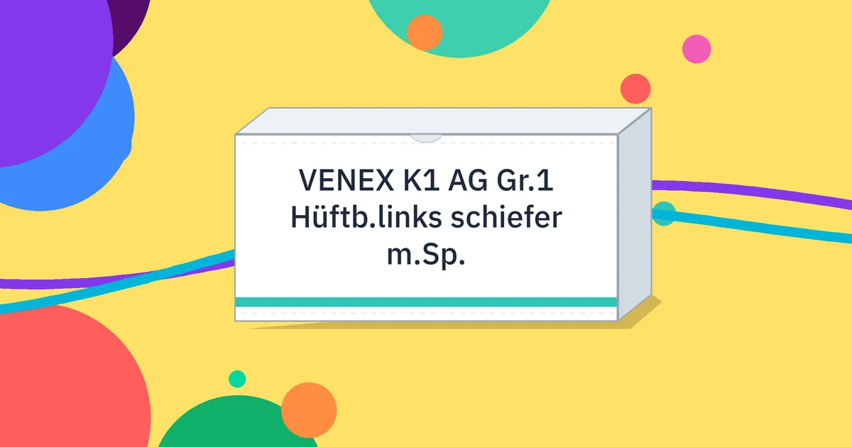 Symbolbild: Packung mit der Aufschrift VENEX K1 AG Gr.1 Hüftb.links schiefer m.Sp. (PZN 03200395) – Verfügbarkeit und Bezug in Apotheken in Frankfurt am Main