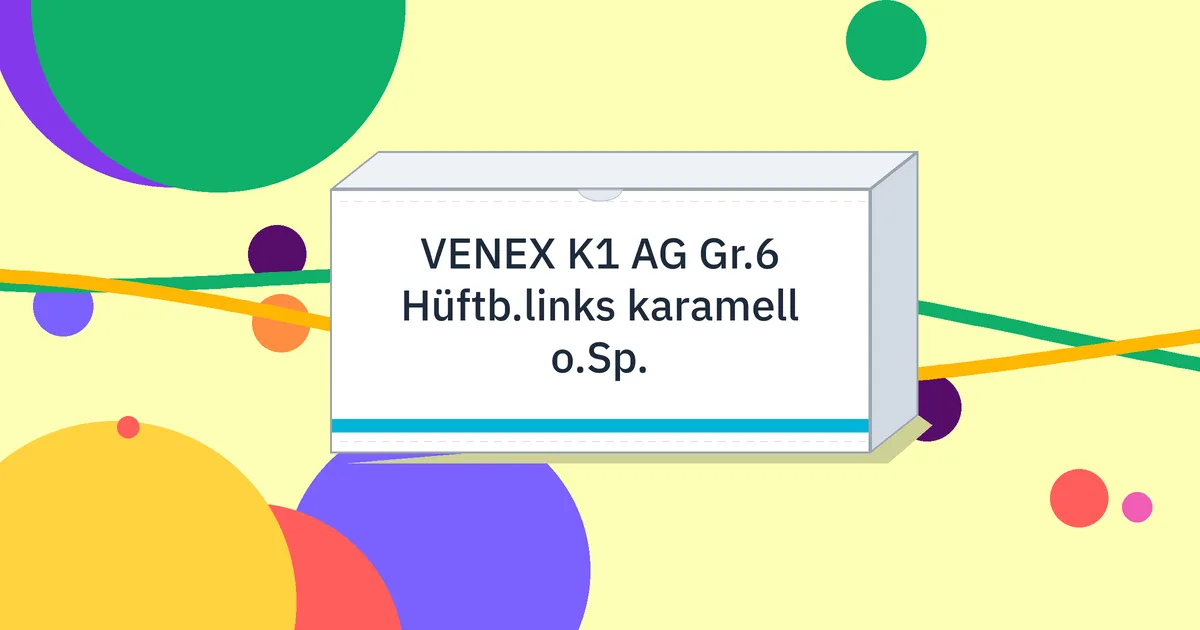 Symbolbild: Packung mit der Aufschrift VENEX K1 AG Gr.6 Hüftb.links karamell o.Sp. (PZN 13761114) – Verfügbarkeit und Bezug in Apotheken in Frankfurt am Main